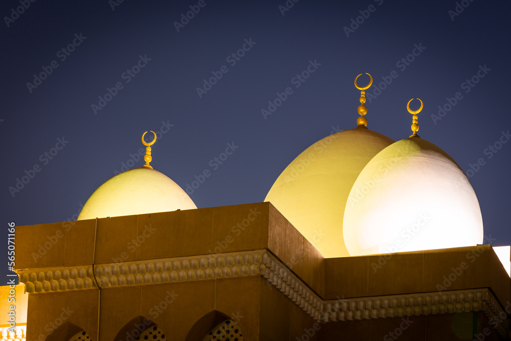 Three illuminated domes of Grand Mosque in Dubai (Grand Bur Dubai ...