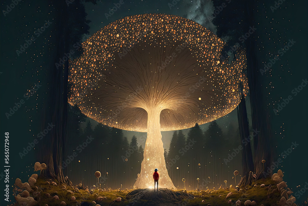 Surreal Giant Mushroom Forest: Person with a Shooting Star in the Sky ...