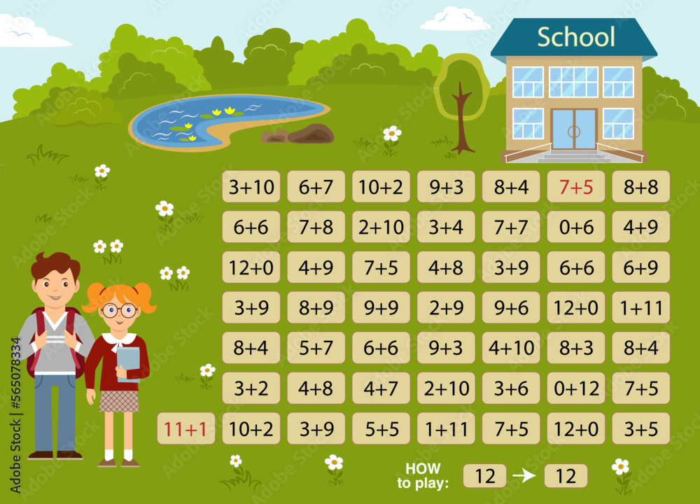 Math maze game for kids. Help children to get to the school. Look for ...