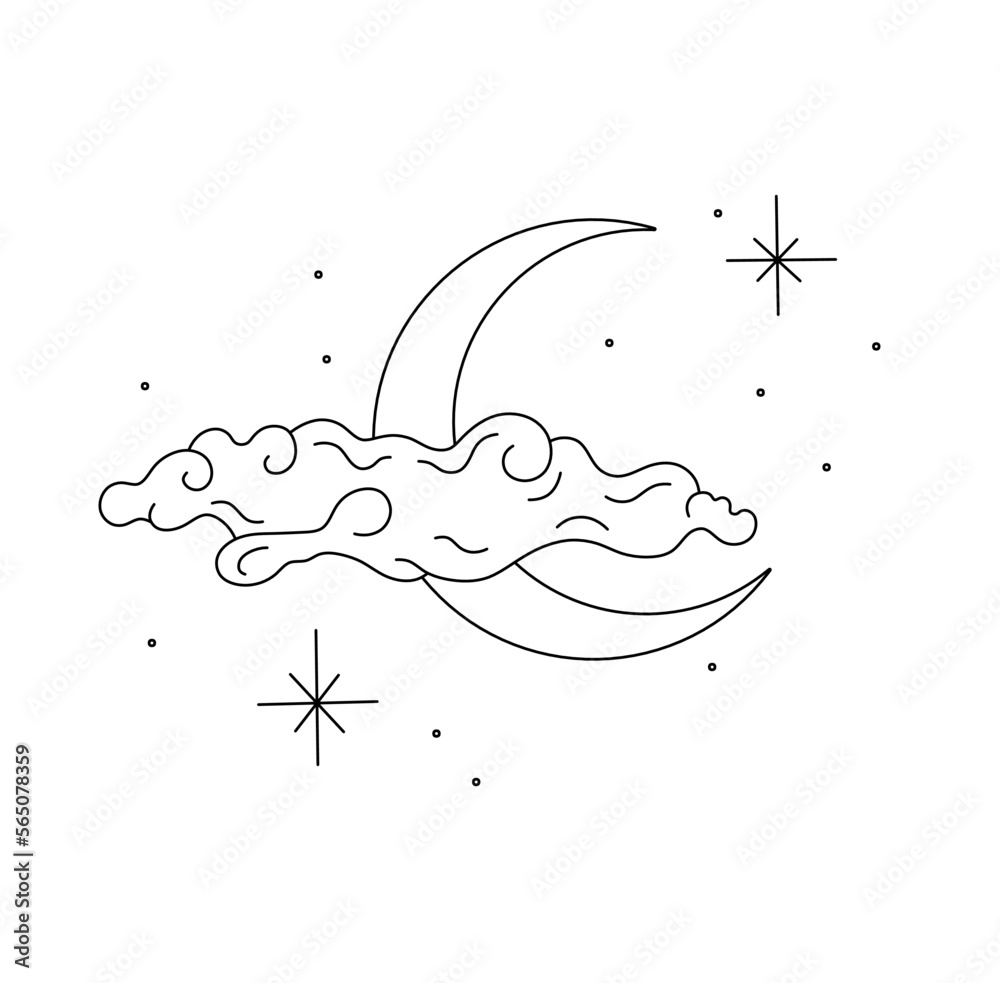 Vector isolated crescent moon behind curly cloud and stars night sky ...