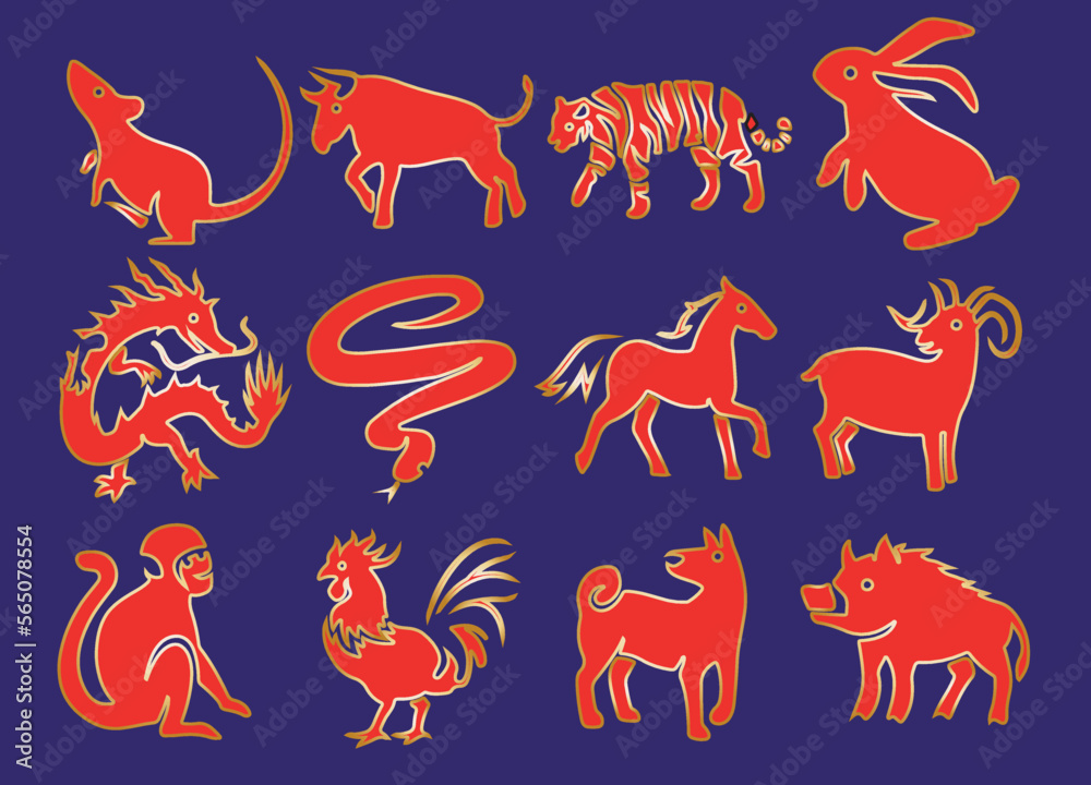 beautiful original twelve red golden animals of chinese zodiac sign are ...