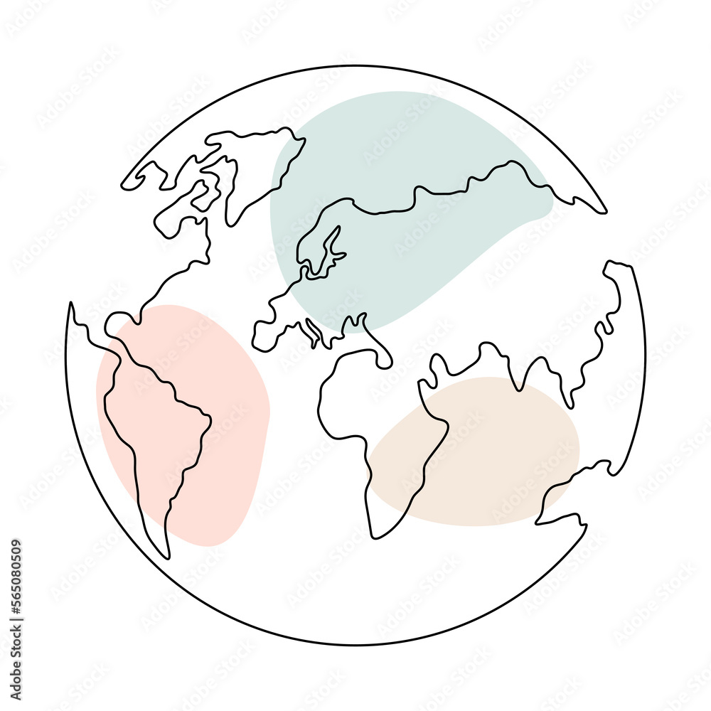 Earth globe continuous one line art. World map doodle linear drawing ...