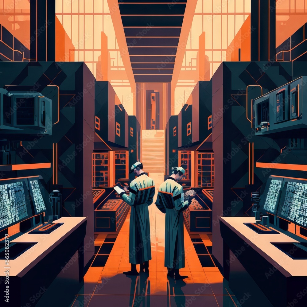 Cubism art with men in a computer server hall. Made with Generative AI ...