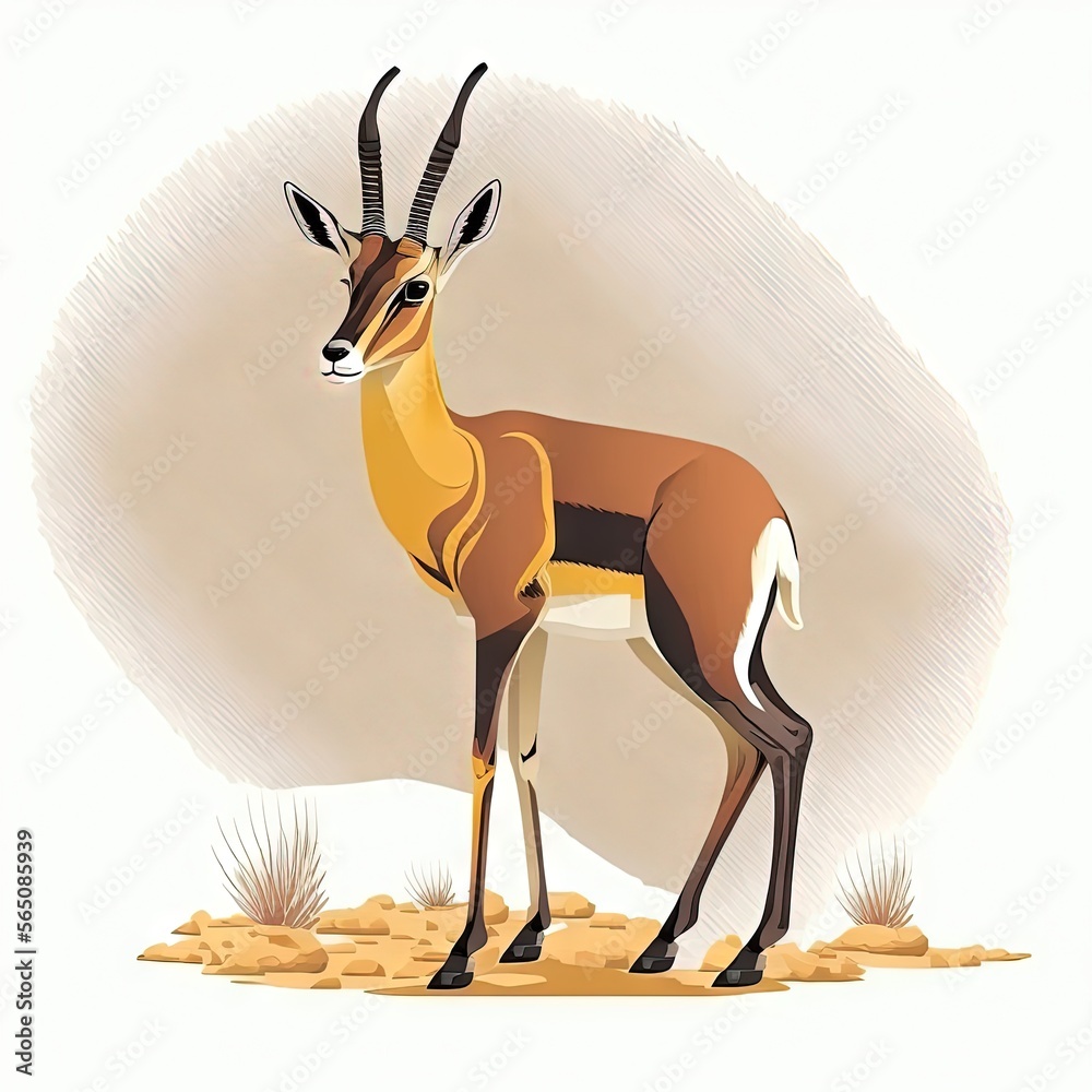 a gazelle standing in the desert with a white background and a brown ...