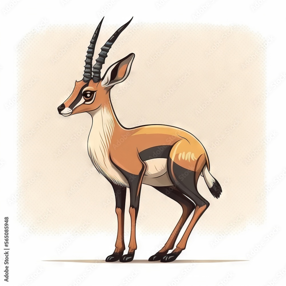a cartoon antelope standing on a plain background with a long horned ...