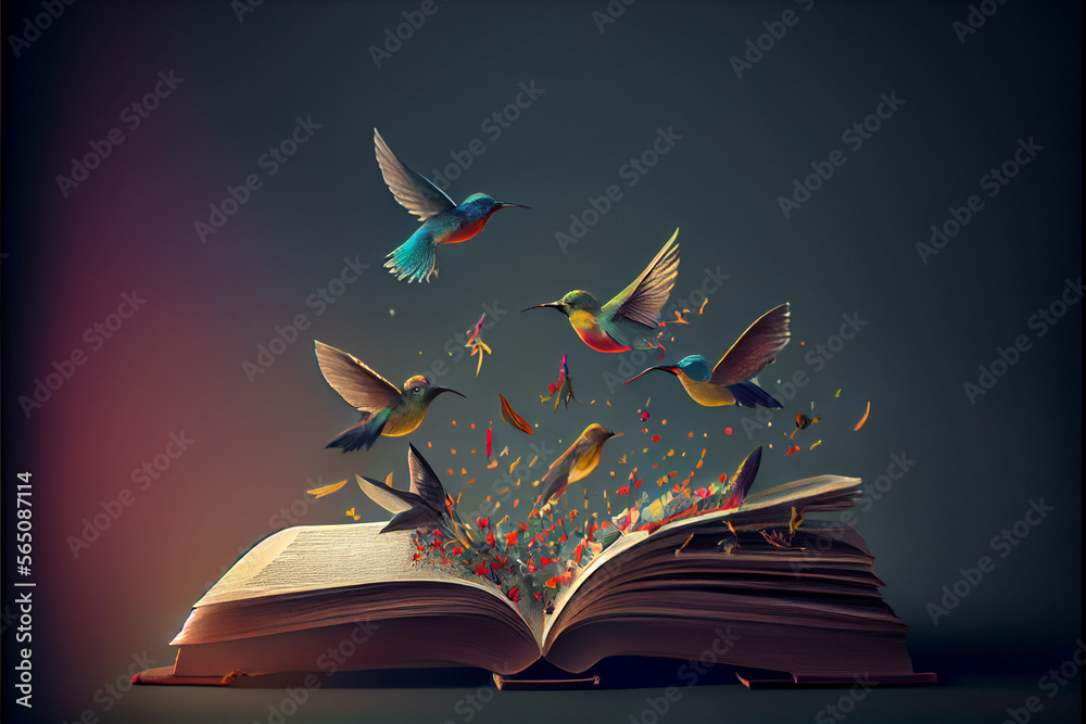 Abstract illustration, a flock of hummingbird birds flies out of an ...