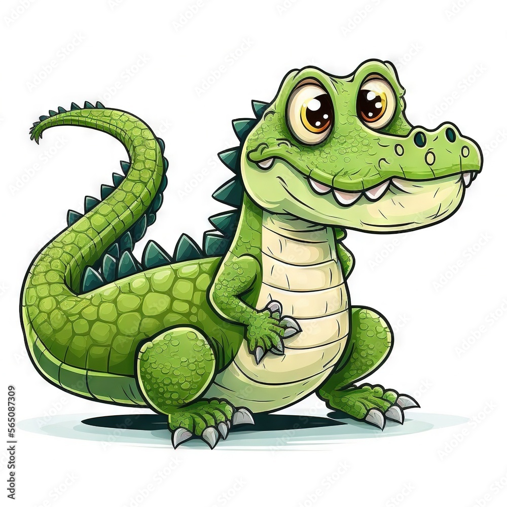 a cartoon alligator with a big smile on his face and a tail, sitting ...