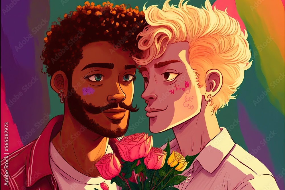 lgbtq+ cartoon couple on valentine's day is hugging, with bouquet of ...