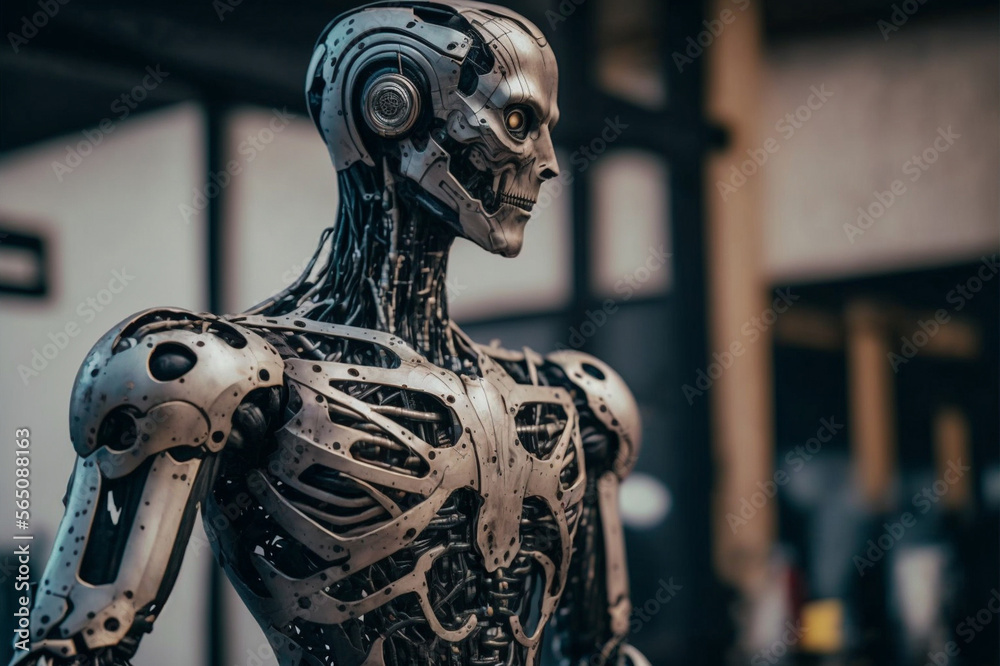 a robot, the skeleton of the robot in frightening appearance, metal and ...