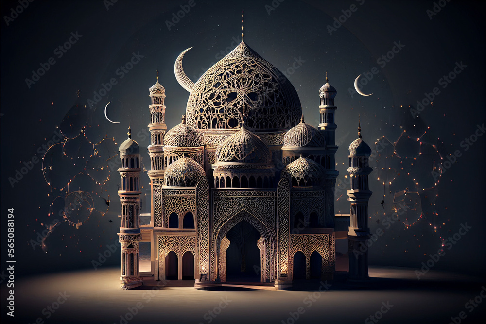 Magic architectural design illustration of a muslim mosque with domes ...