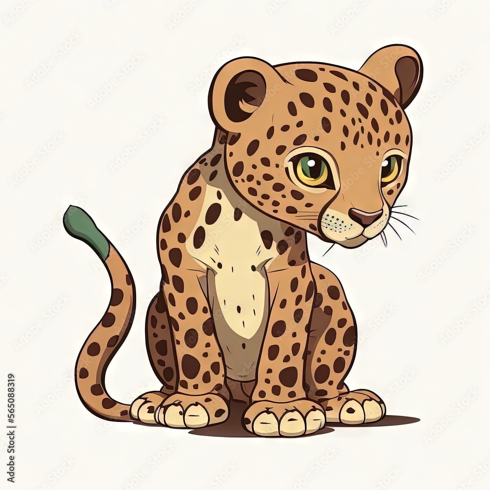 a cartoon leopard sitting down with a green tail and yellow eyes and a ...
