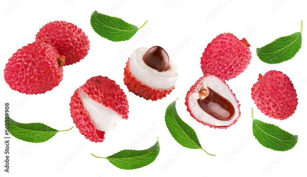 flying fresh lychee with slices and green leaves isolated on white ...