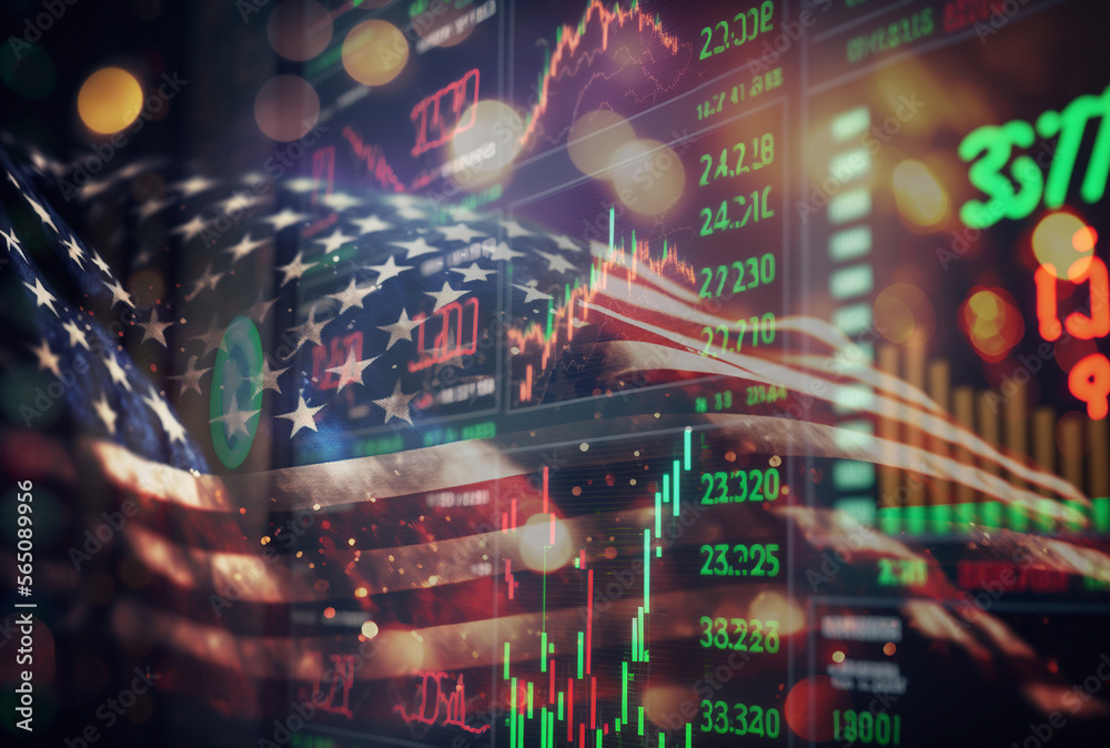 the flag of America USA and Investing and stock market concept rising ...