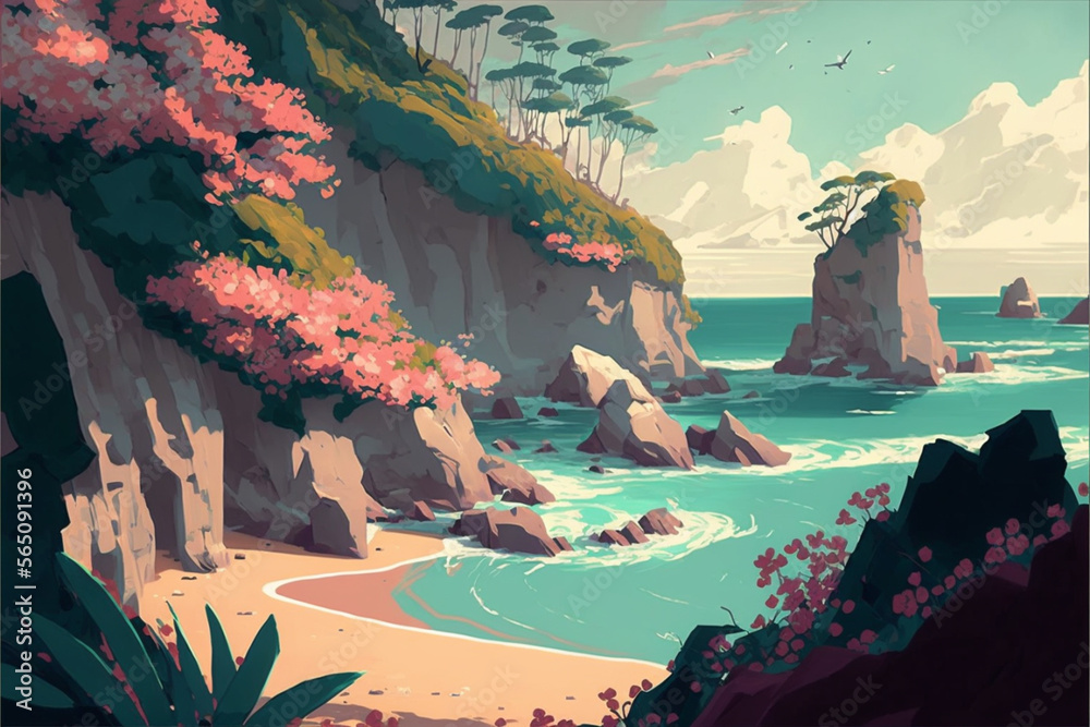 Lovely relaxing cell-shaded landscape calm shores of Hawaii "Generative ...