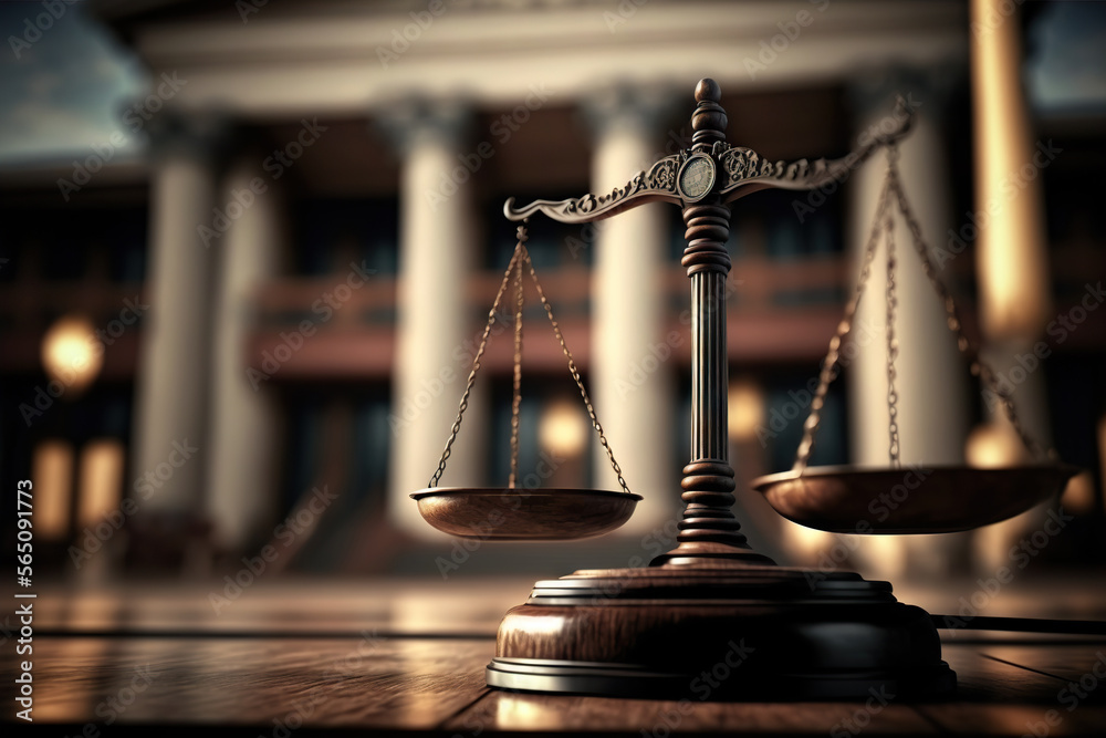 Scales of Justice in the dark Court Hall. Law concept of Judiciary ...