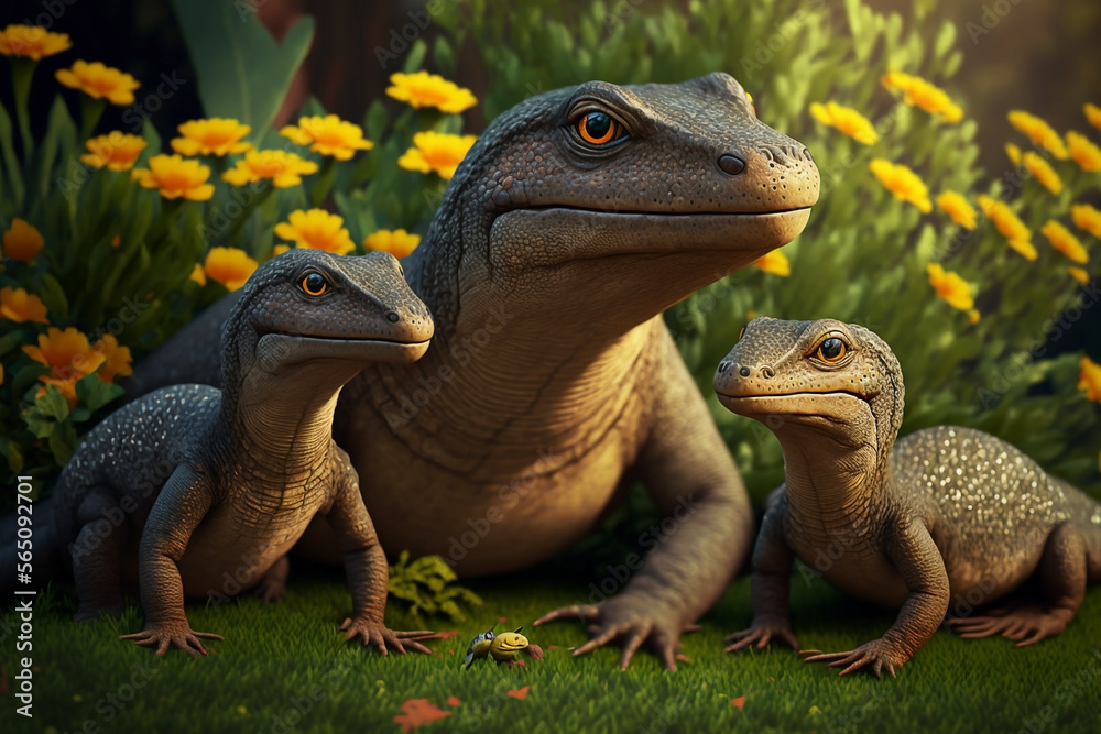 Cute monitor lizard with his kids character at garden background ...