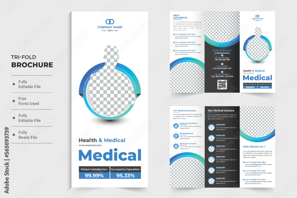 Medical advertisement tri fold brochure template design with round ...