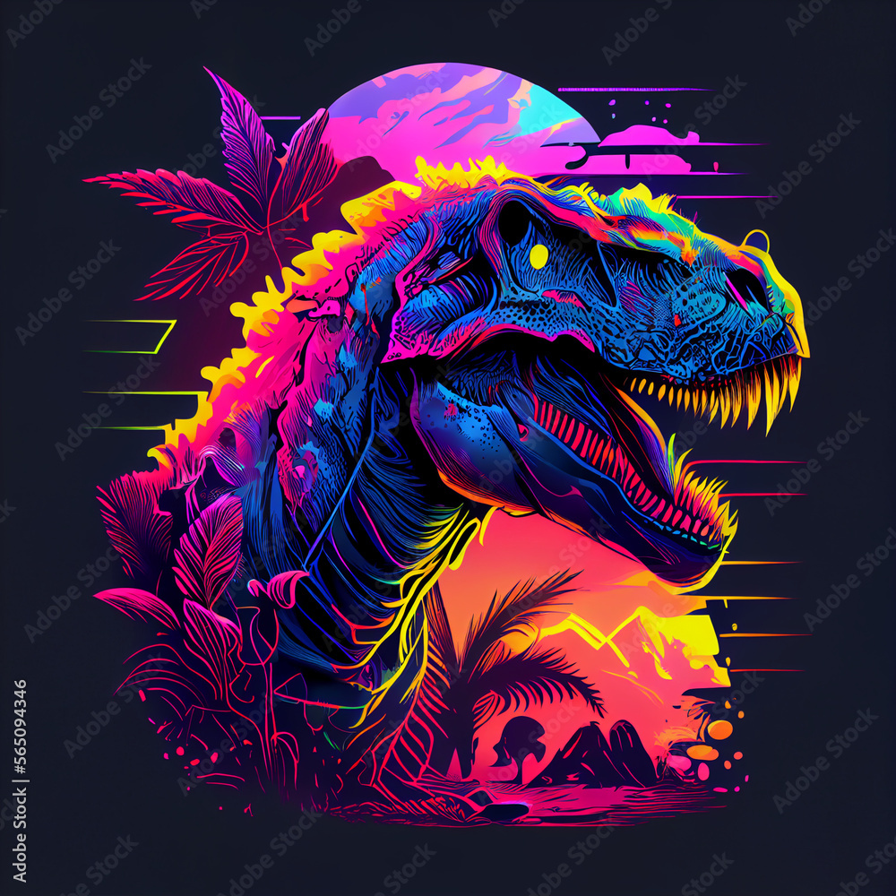 neon jurassic period dinosaur on forest background logo intro Stock ...