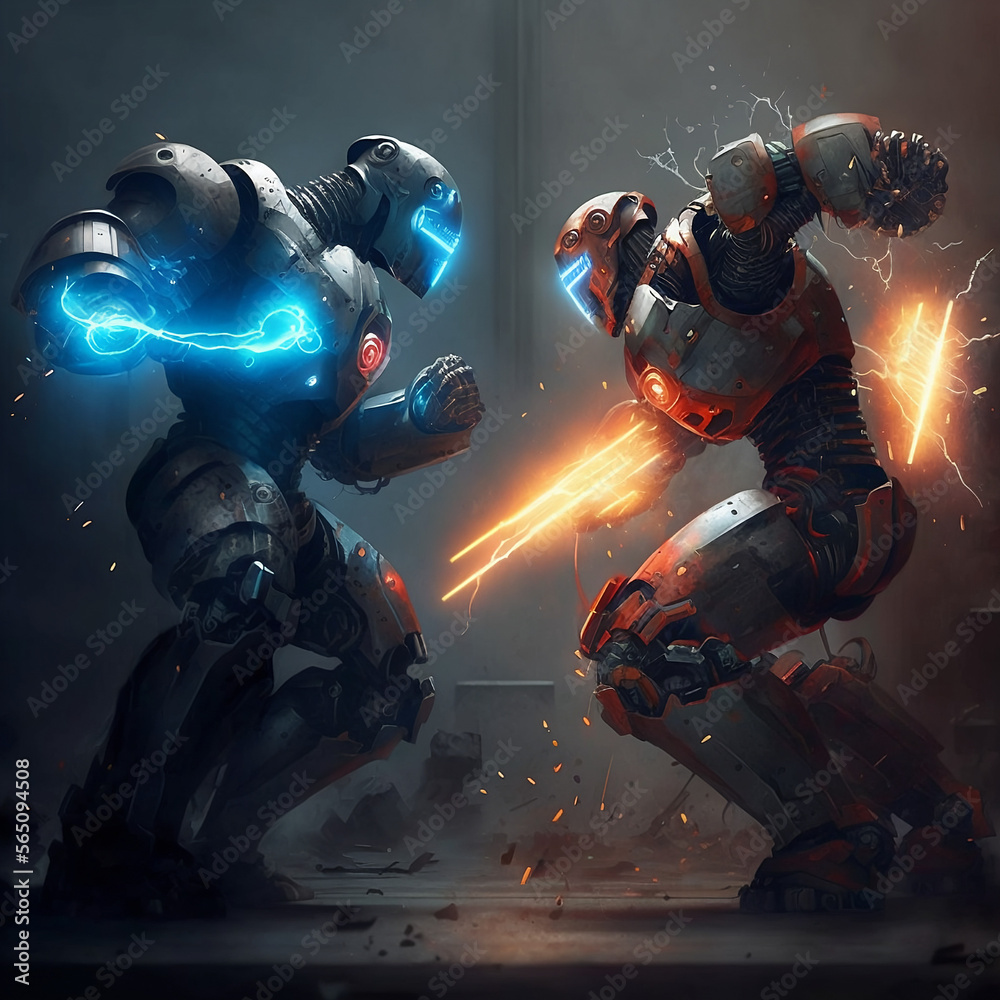 Robots fighting with superpowers blue vs red robot Stock Illustration ...