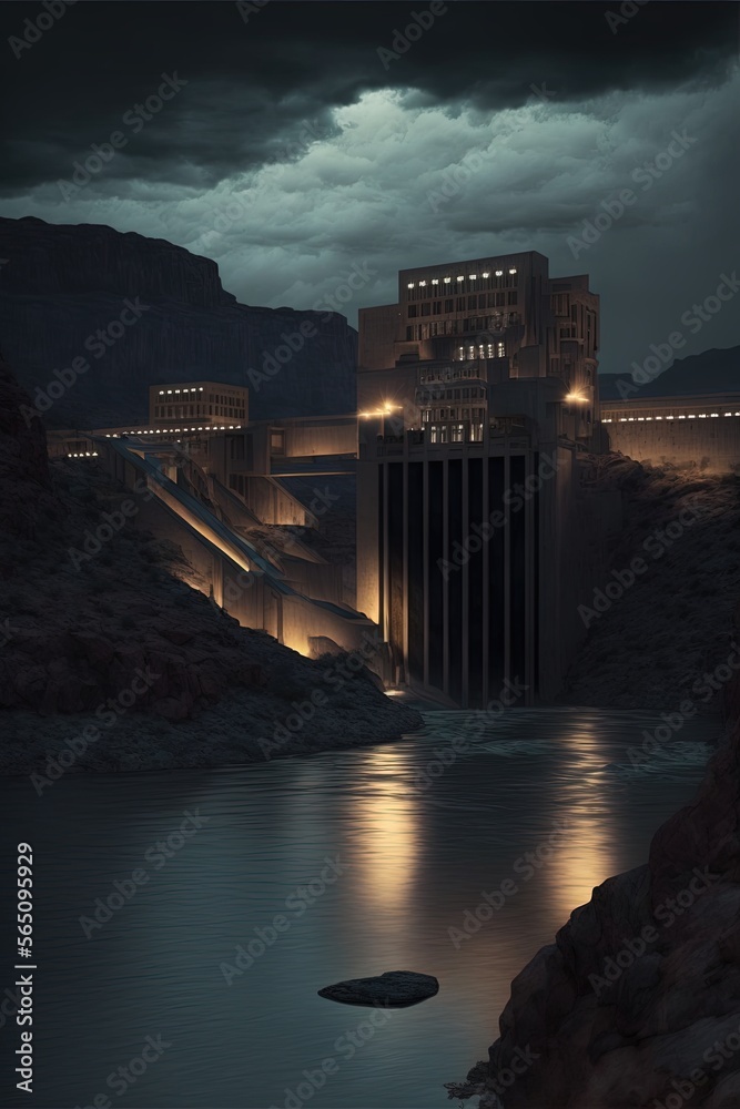 A futuristic colossal brutalist dam over the Grand Canyon in a dark ...