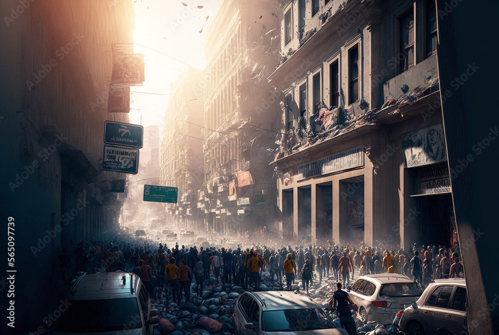 fictional scene of a mass riot with thousands of people in a wide ...