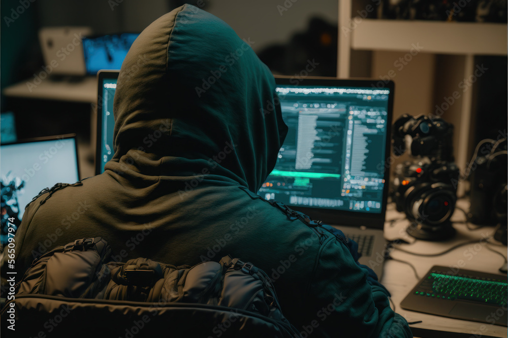 Dangerous hooded hacker breaks into company servers dark atmosphere multiple displays, hacking ...