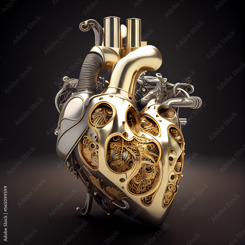 Silver and gold steampunk human heart. Background. Generative ai Stock ...