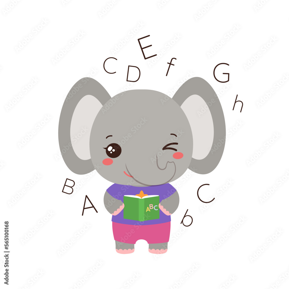 School student elephant holding a textbook. English abc learning ...