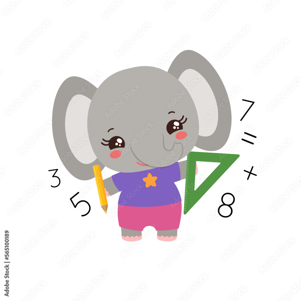 Vecteur Stock School student elephant holding a pencil and ruler. Maths ...