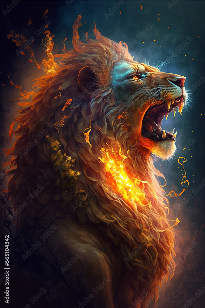 Portrait depicting the Lion King on fire on a black background ...