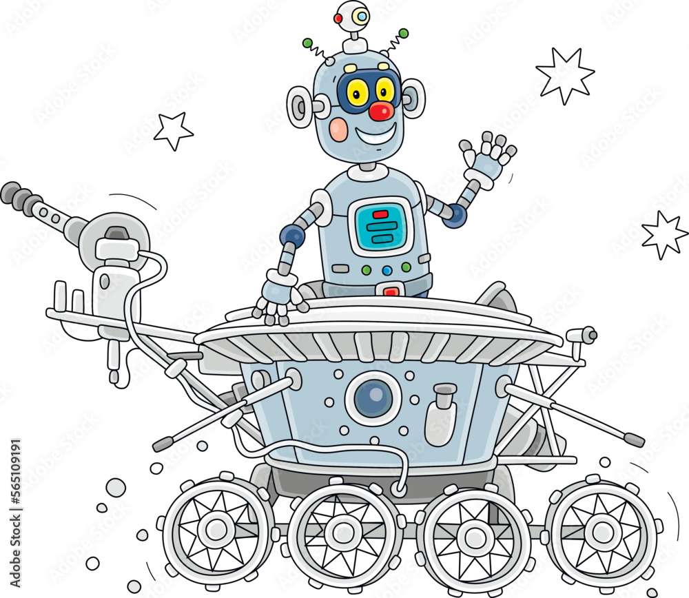 Funny robot friendly smiling, waving in greeting and piloting a small ...