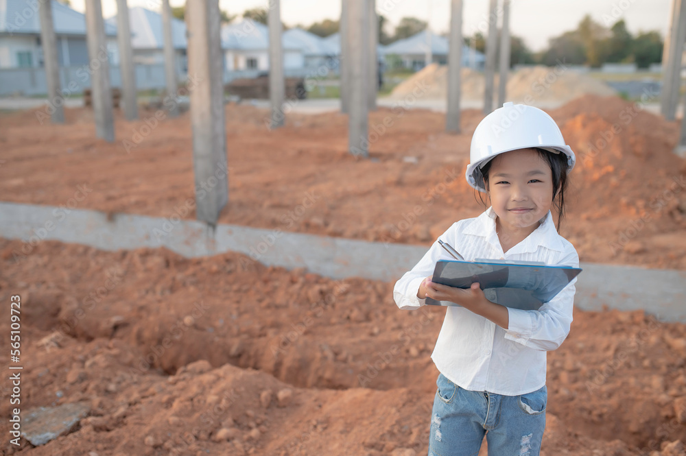 Engineer kid concept,Asian little girl wear engineer uniform working at ...