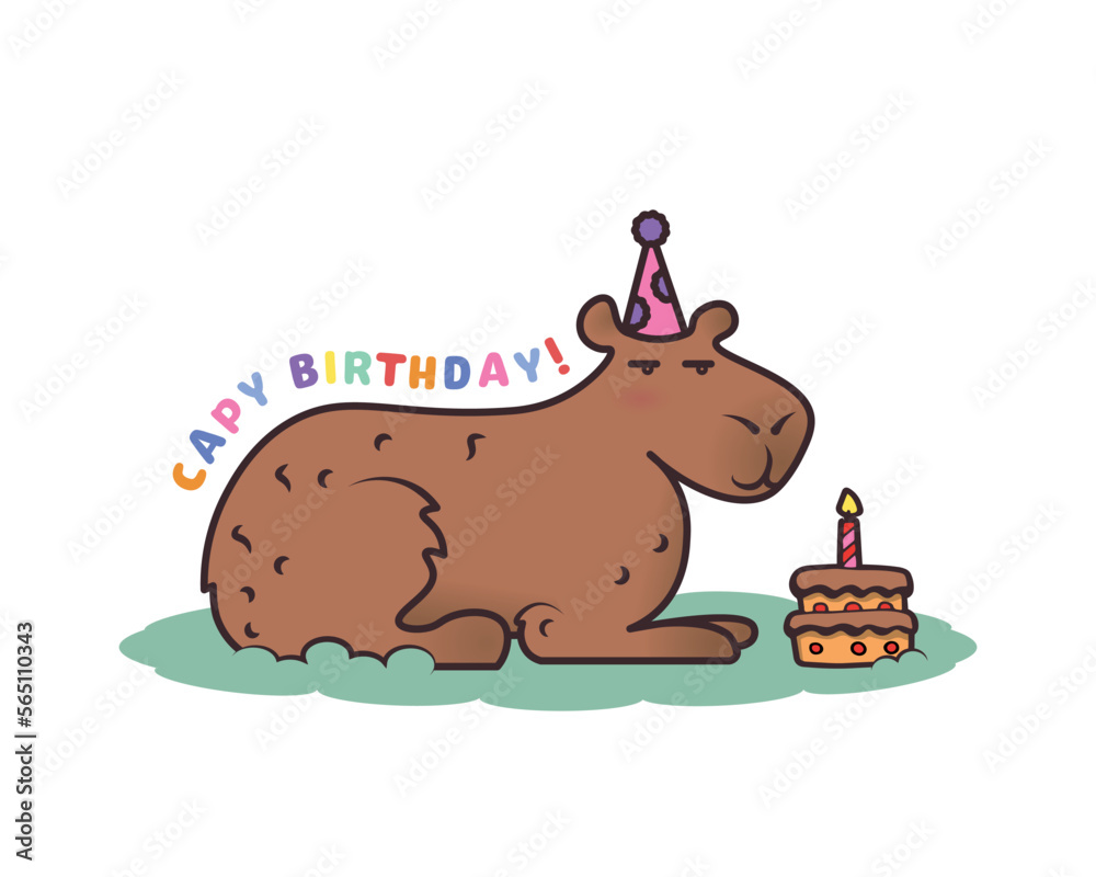 capybara in a festive cap. candle cake. happy birthday card. vector ...
