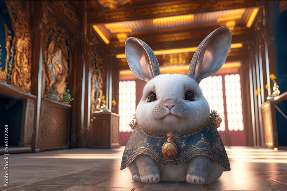 Cute white rabbit wearing Chinese Hanfu in a Buddhist temple ...