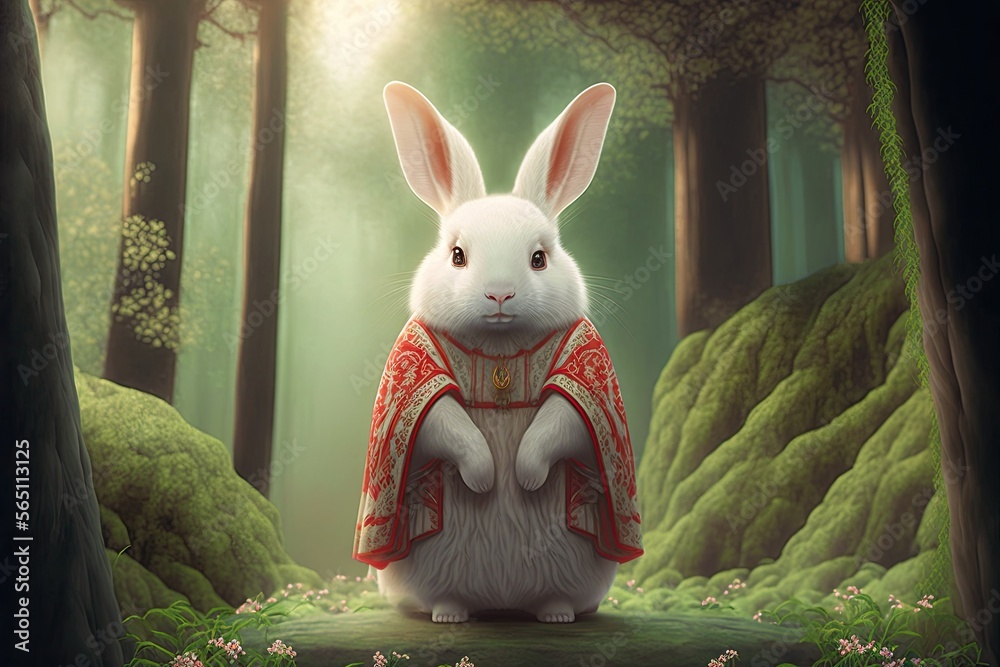 Cute white rabbit wearing Chinese Hanfu in an Asian mystic forest ...