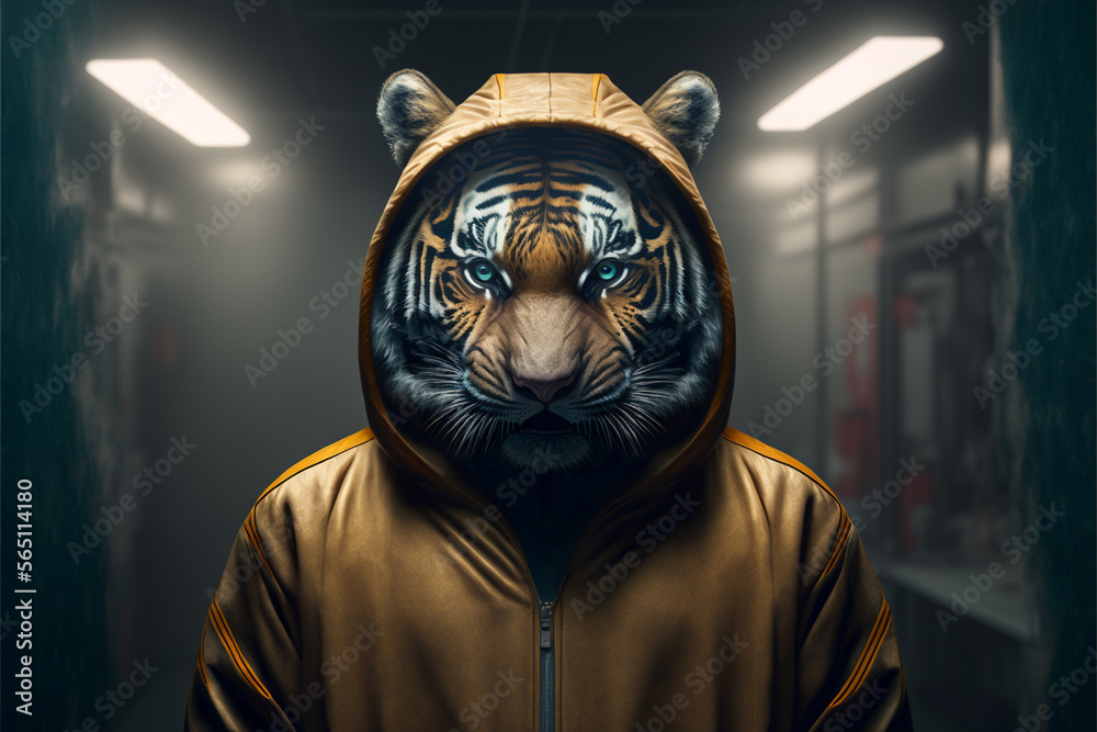 Tiger portrait in orange tracksuit, anthropomorphic animal illustration ...