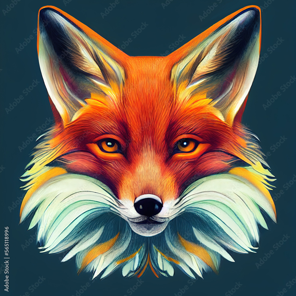 Bright portrait of a red fox. Front view. Imitation of color graphics ...
