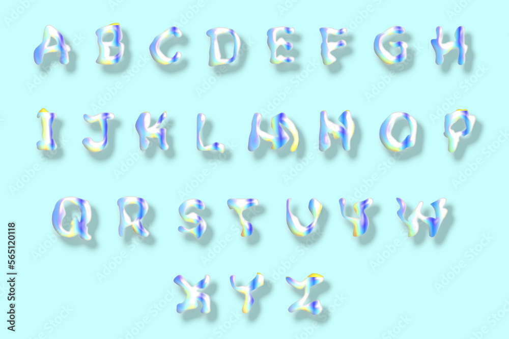 Glossy 3D y2k flux Iridescent alphabet, holographic melted letters ...