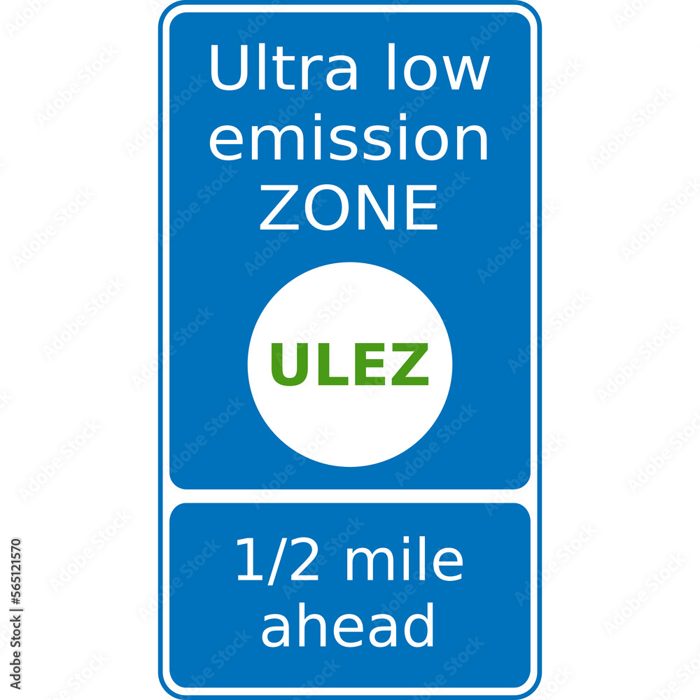 Vector graphic road sign for a ULEZ (Ultra low emission zone) is just a half a mile ahead. It ...
