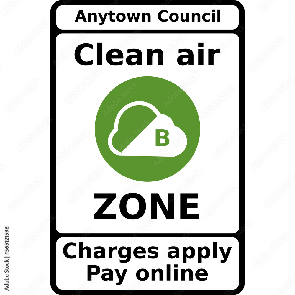 Vector graphic road sign for clean air zone. It consists of a green pollution icon and informs ...