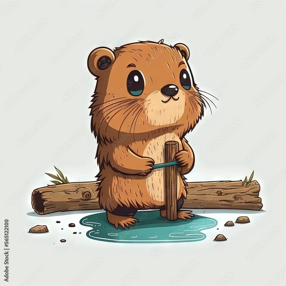 a cartoon beaver standing on a log with a stick in it's hand and ...