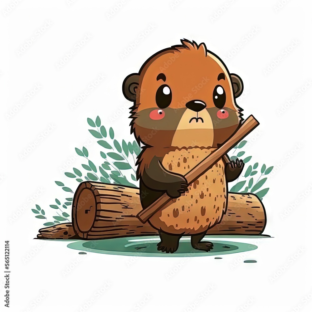 a cartoon beaver holding a stick in its paws and standing on a log with ...