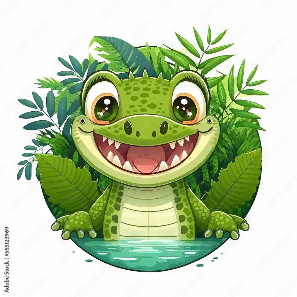 a cartoon alligator with a big smile and green leaves around it's neck ...