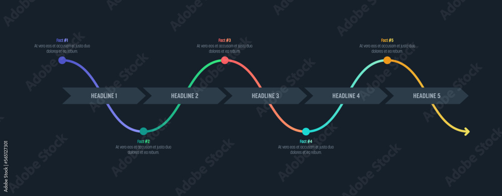 Dark process Infographics with crossing lines. Five steps and colorful ...