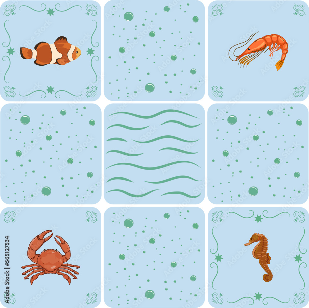 Set of tiles with sea animals.Tile collection with sea animals and ...