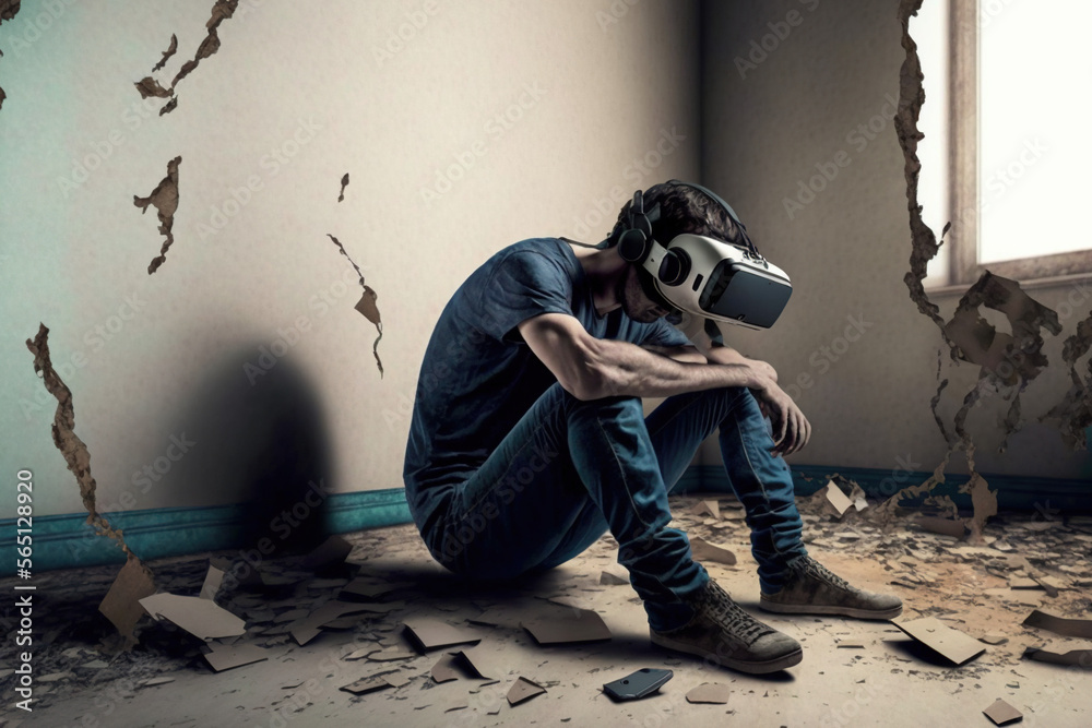 Generative AI of Depressed man wearing a VR headset in a post ...