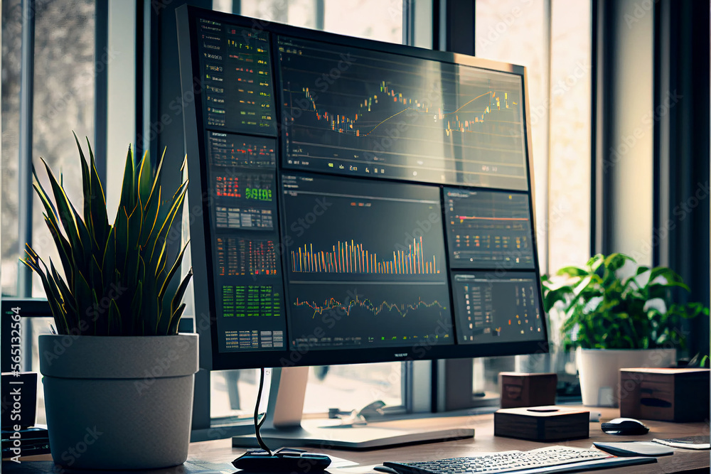 Trader workplace. Computer monitor with stock market charts on screen ...