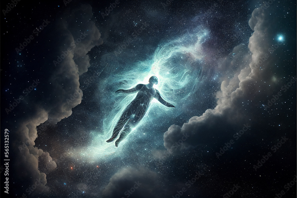Human soul levitating in abstract space background. Astral body concept ...