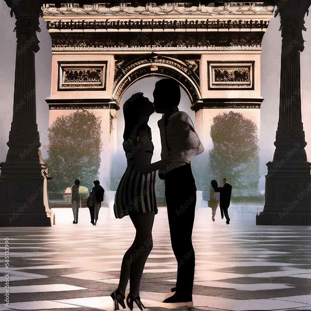 Couple qui s'embrasse à Paris de profil devant l'Arc de Triomphe. Stock ...