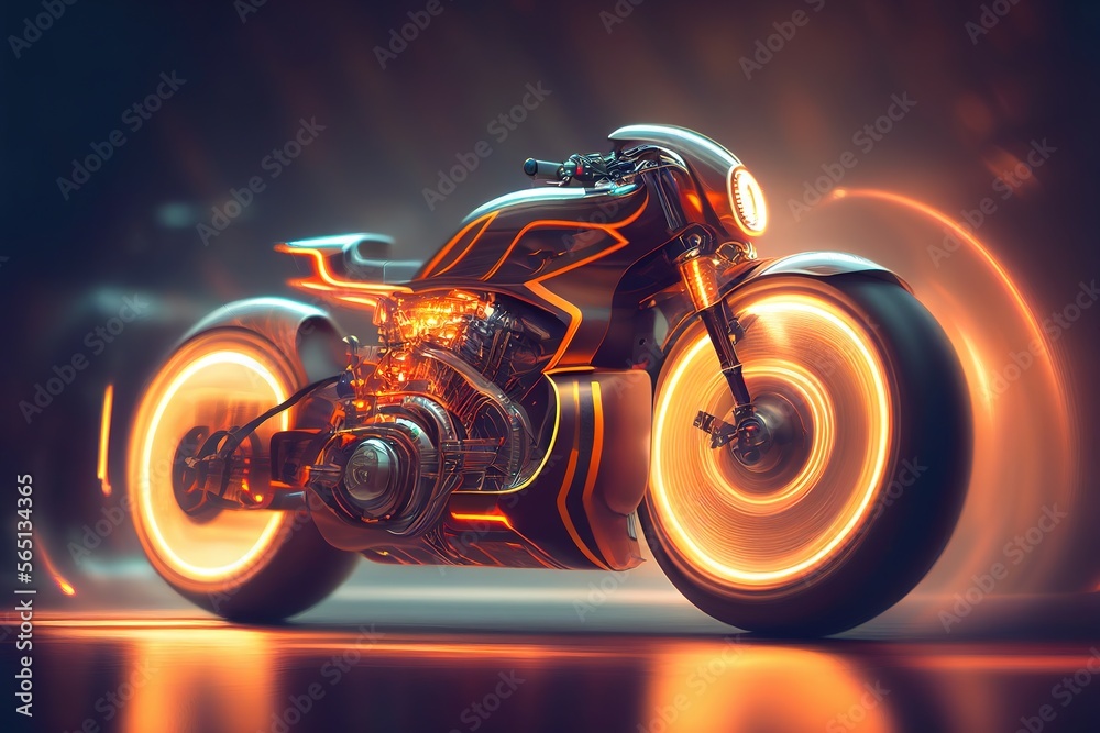 Retro-futuristic motorcycle in style of 80's riding on high speed ...